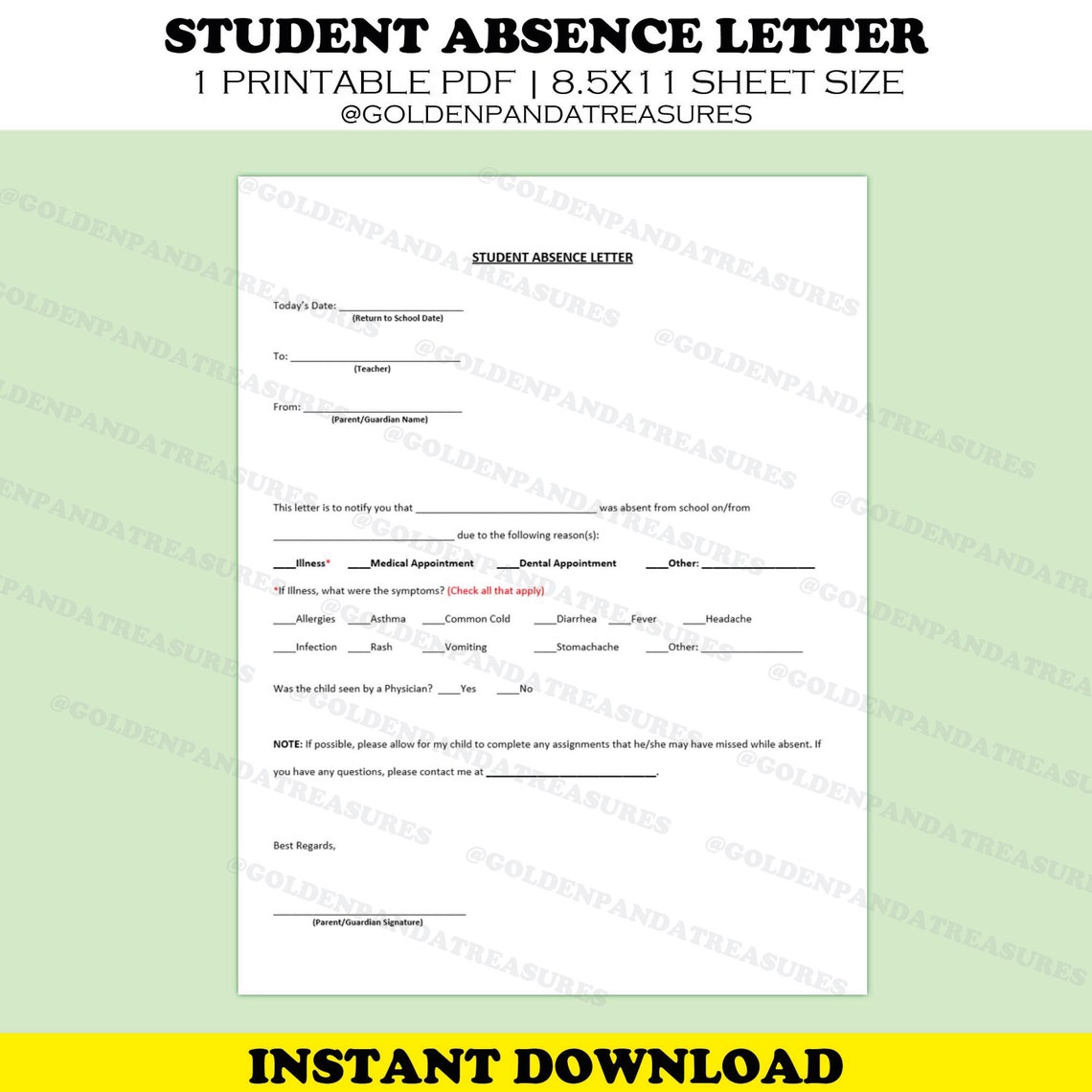 Student Absence Letter Printable, Sick Note, Absent Letter, School Note ...