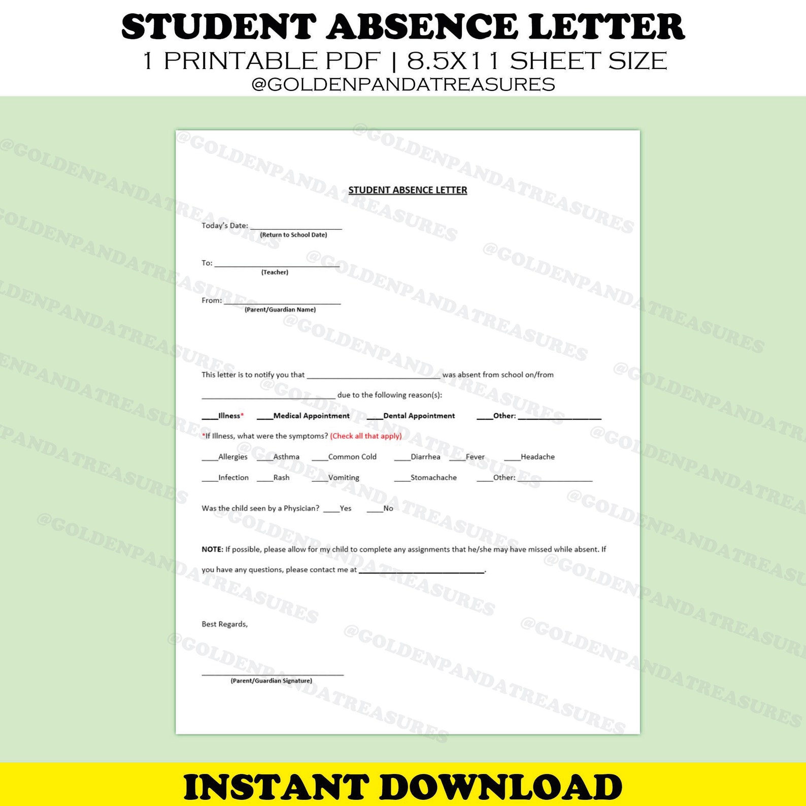 Student Absence Letter Printable, Sick Note, Absent Letter, School Note ...
