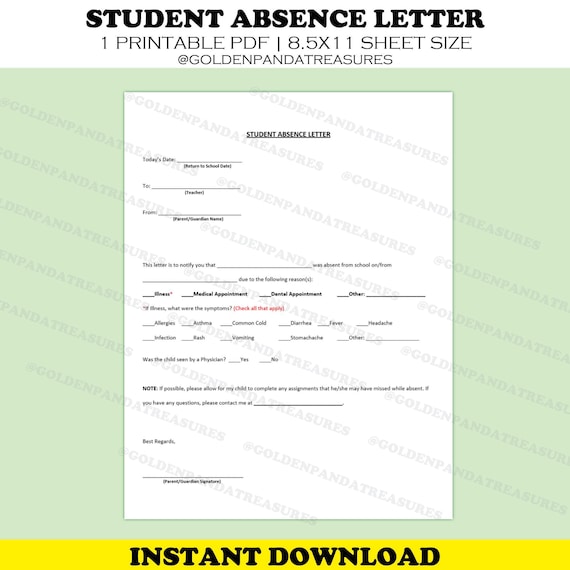 Student Absence Letter Printable Sick Note Absent Letter Etsy student-absence-letter-printable-sick-note-absent-letter-etsy