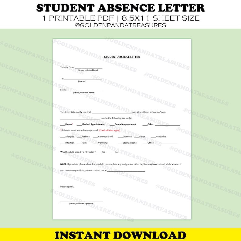 Student Absence Letter Printable, Sick Note, Absent Letter, School Note ...