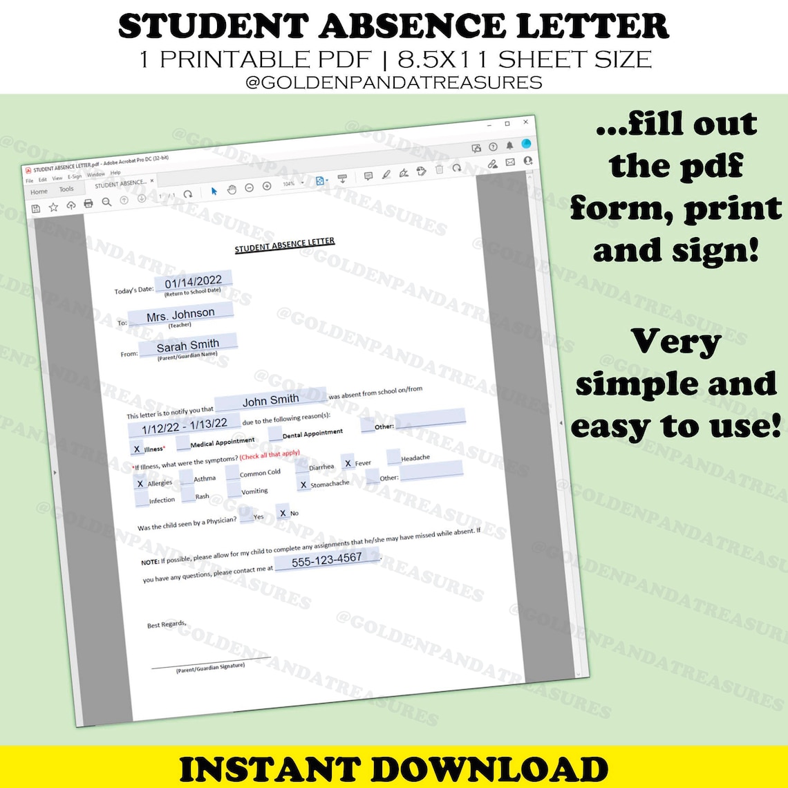 Student Absence Letter Printable, Sick Note, Absent Letter, School Note ...