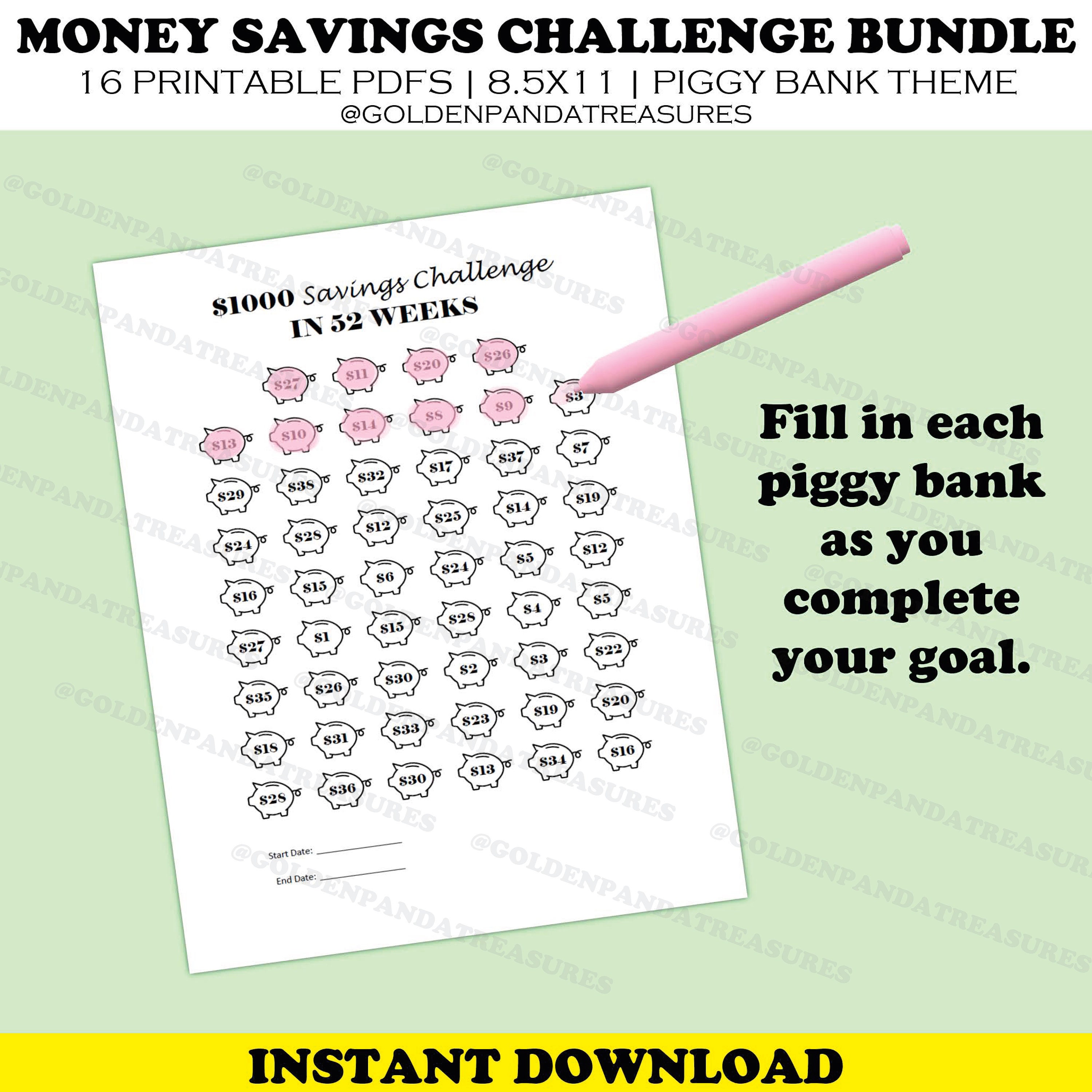 Savings Challenge Printable, Pig / Piggy Bank Theme, Budget Challenge ...