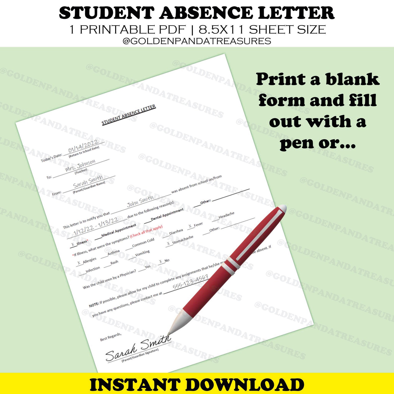 Student Absence Letter Printable, Sick Note, Absent Letter, School Note ...