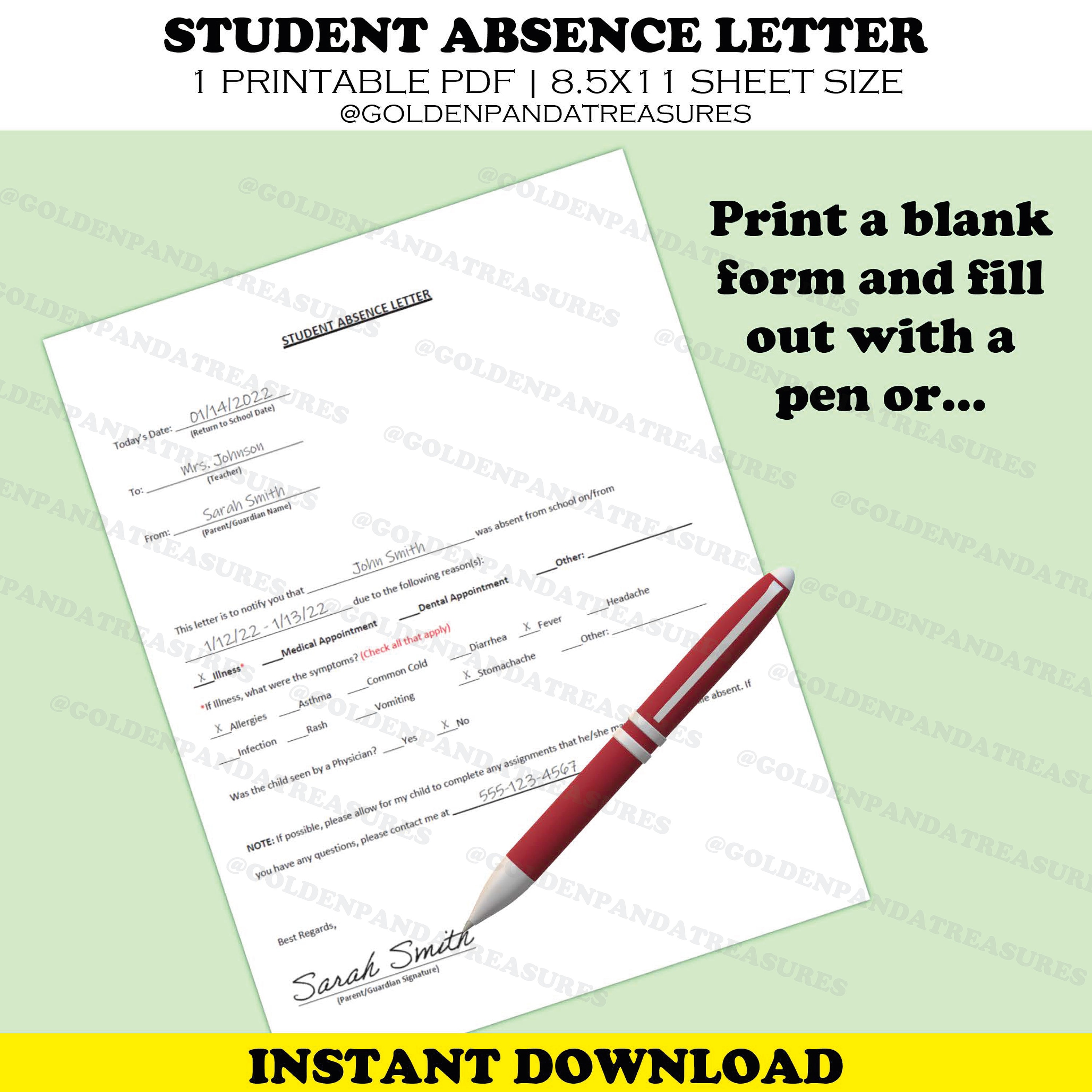 Student Absence Letter Printable, Sick Note, Absent Letter, School Note ...