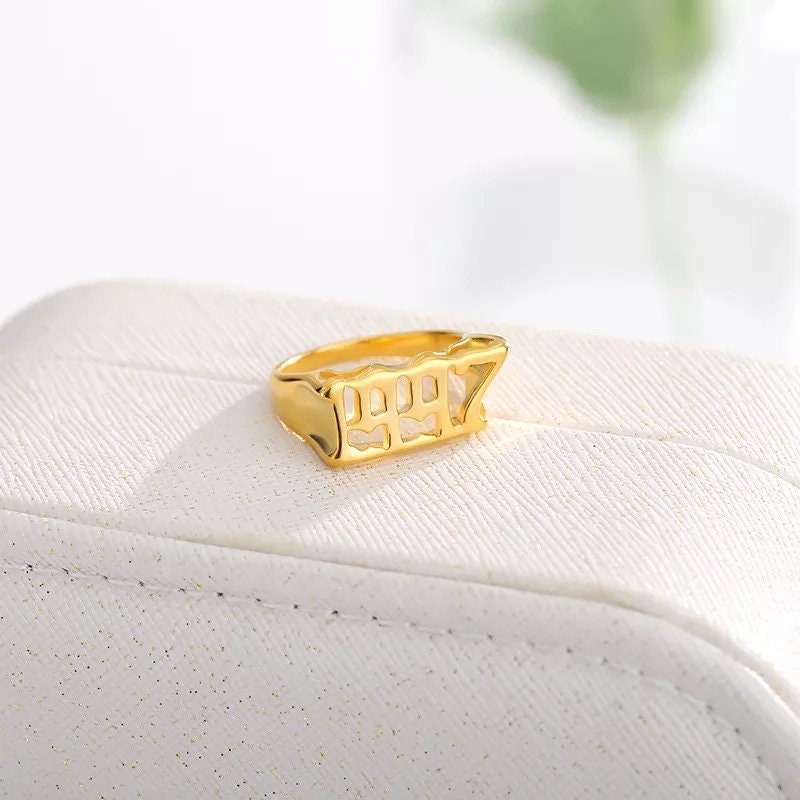 Birth Year Ring - Old English Number - Birthday Gift - Gold Signet Ring ...