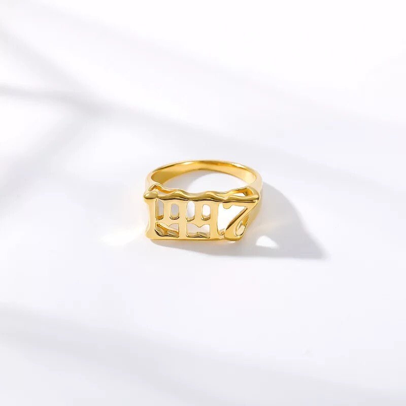 Birth Year Ring - Old English Number - Birthday Gift - Gold Signet Ring ...