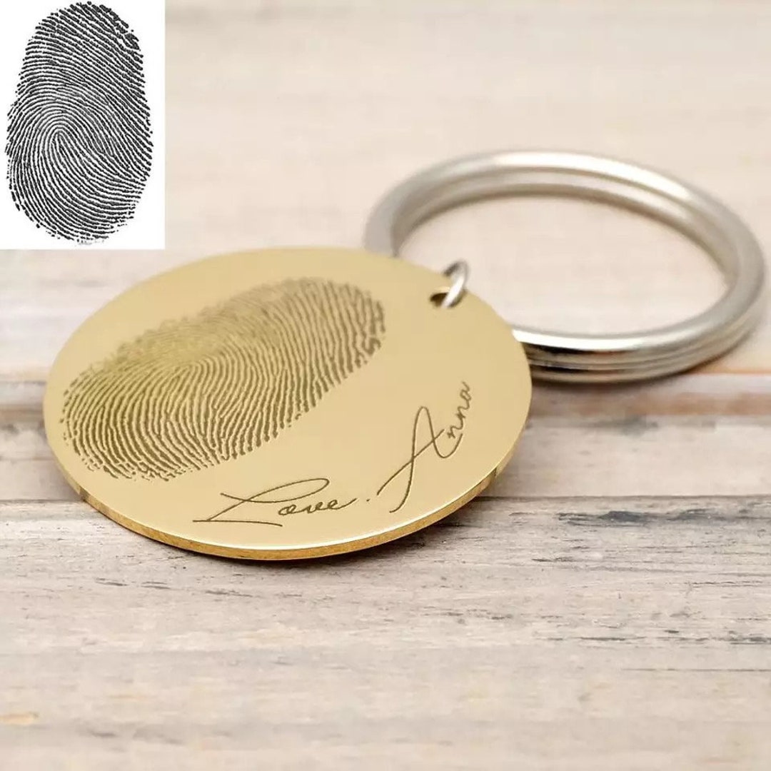 Handwriting Keychain - Engraved Signature Disc Keychain - Fingerprint ...