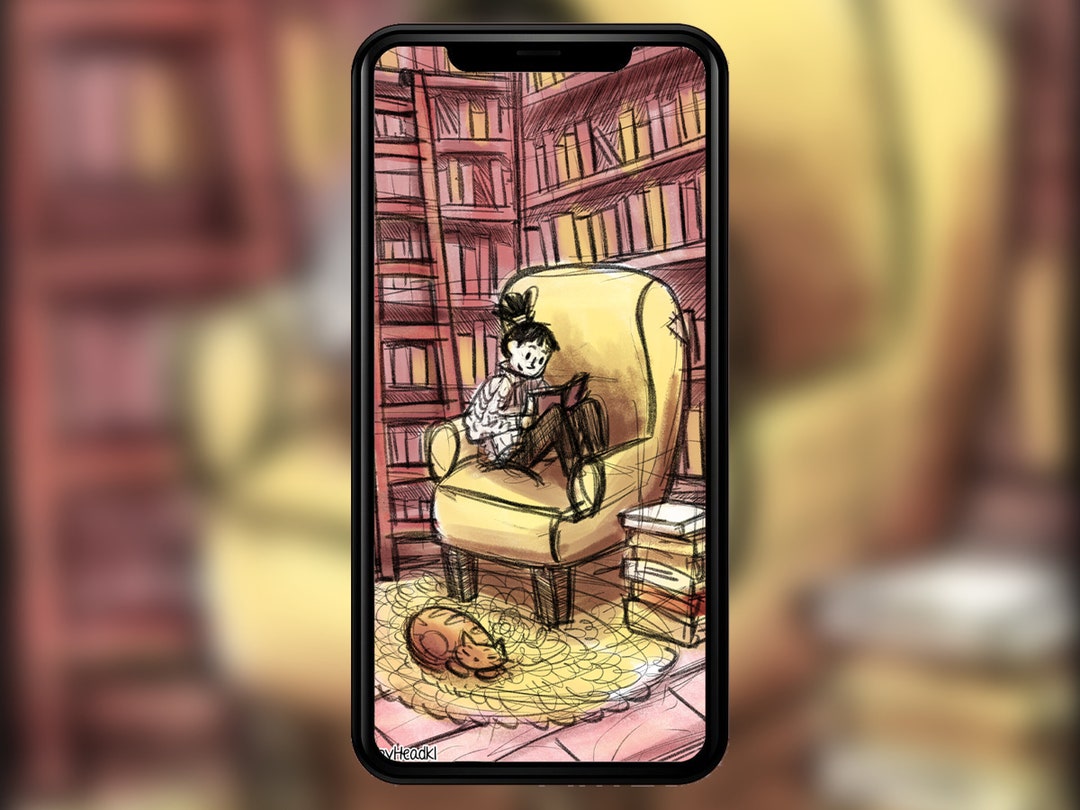 Cozy Library Bookstore Sketch Phone Background Wallpaper, Instant ...
