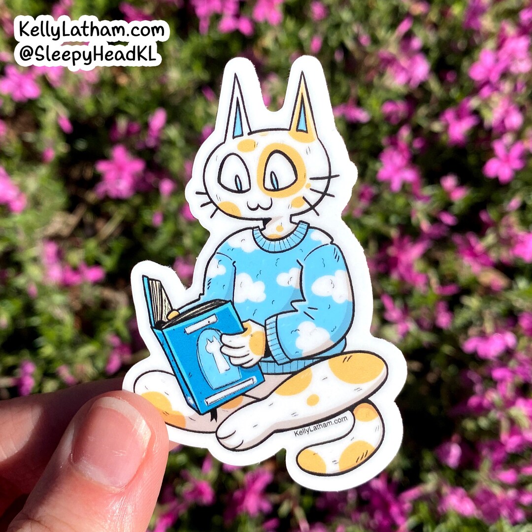 Reading Cat Sticker, Gift, Cute Laptop Water Bottle Planner Notebook ...