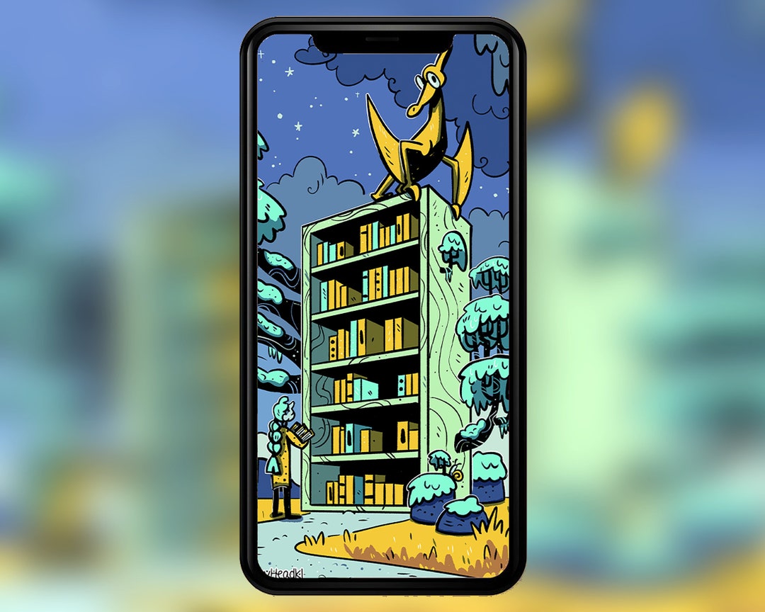 Dinosaur Library Phone Wallpaper, Fantasy Bookshelf Art (digital ...