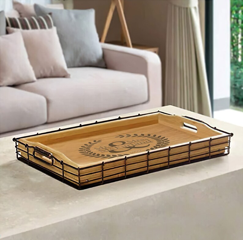 Mr & Mrs Personalized Bamboo and Metal Serving Tray Set - Etsy
