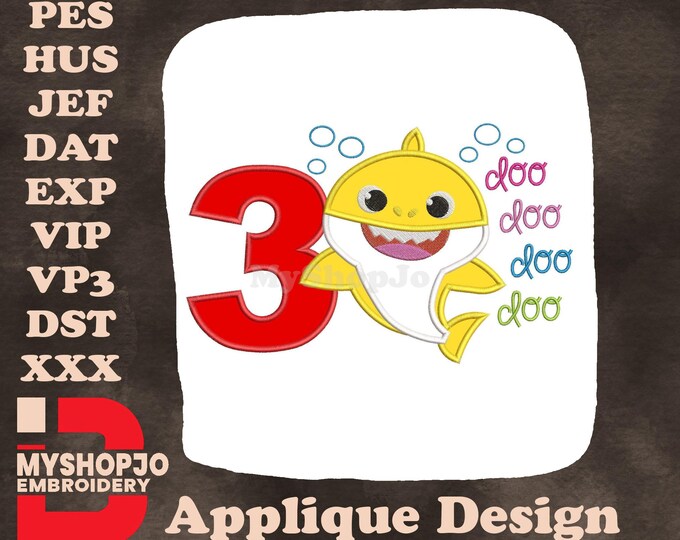 Baby Shark Doo Doo Doo Doo Birthday Number 3 Applique Embroidery Design ...