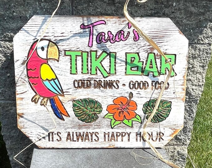Personalized Tiki Lounge Wooden Sign, Round Wooden Signs, Tiki Bar ...