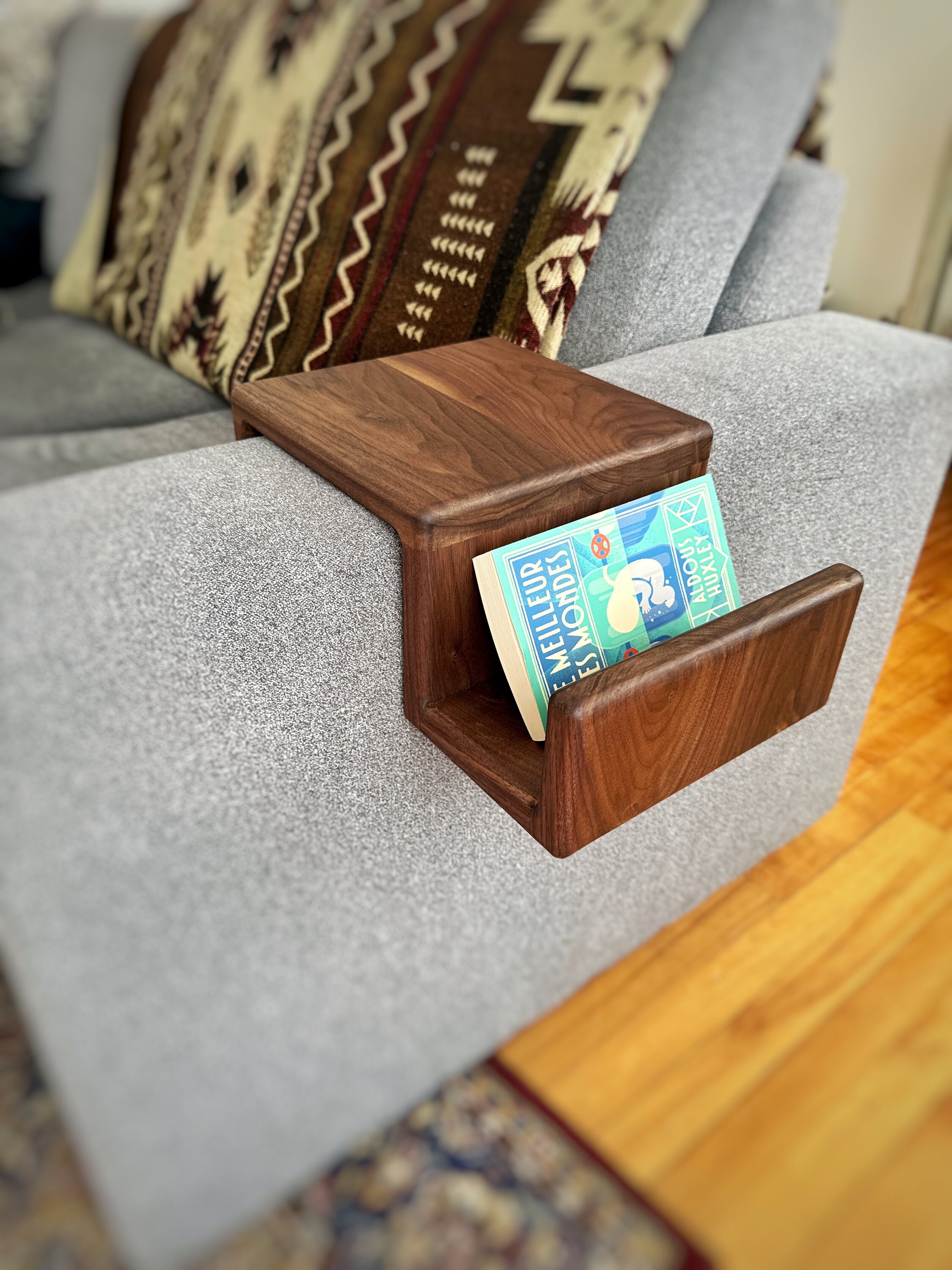 Black Walnut-couch Arm Rest Table With Magazine Stand - Wood Armrest ...