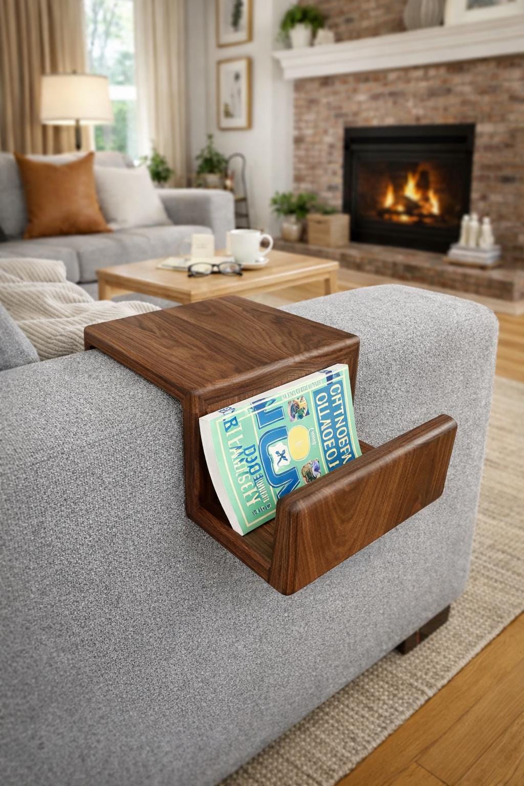 Black Walnut-couch Arm Rest Table With Magazine Stand - Wood Armrest ...