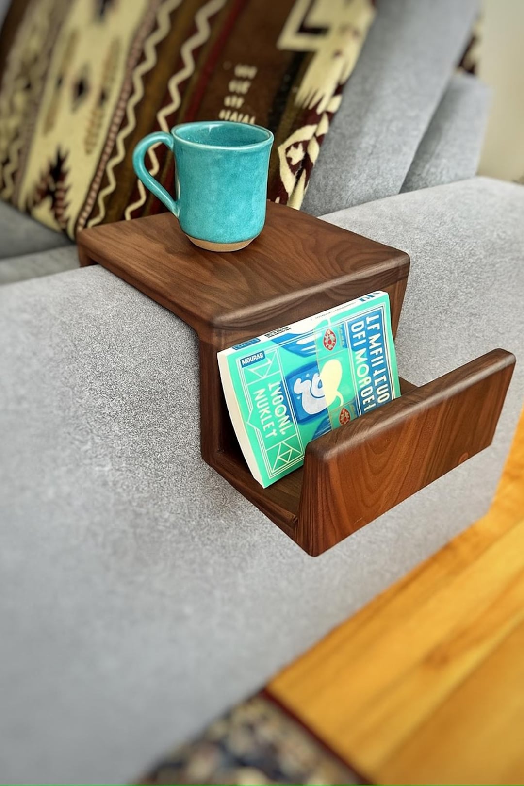Black Walnut Couch Arm Rest Table – Sofa Caddy With Magazine Pocket ...
