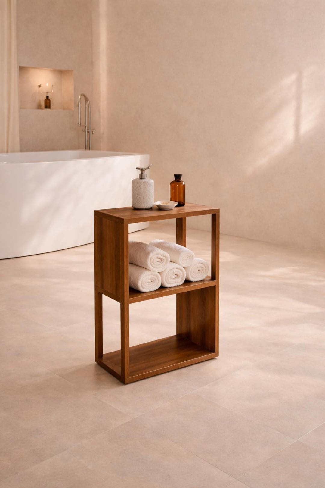 Black Walnut Bathroom Storage Table – Minimalist Spa Towel Stand, Solid ...