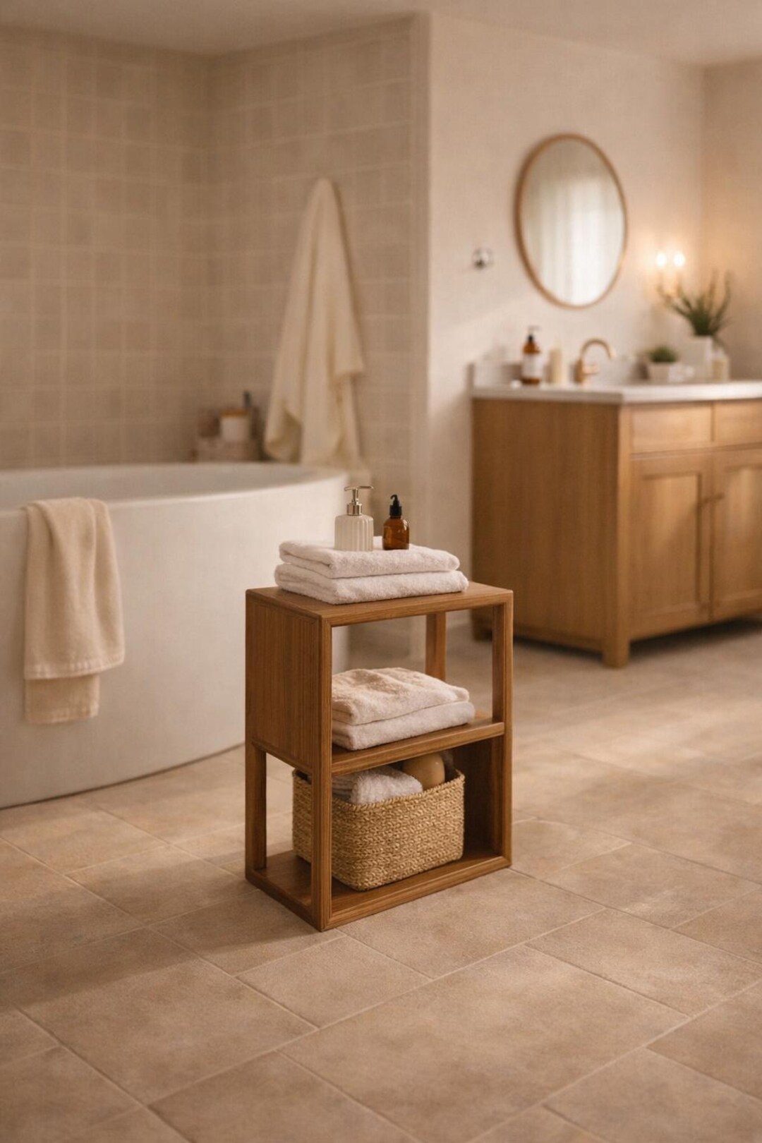 Black Walnut Bathroom Storage Table – Solid Wood Spa Towel Stand ...