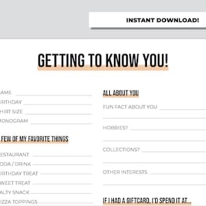 Employee Questionnaire, All About Me for New Team Members, Gift ...
