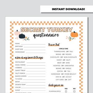 Thanksgiving Secret Turkey Questionnaire, Fall Gift Exchange Survey and ...
