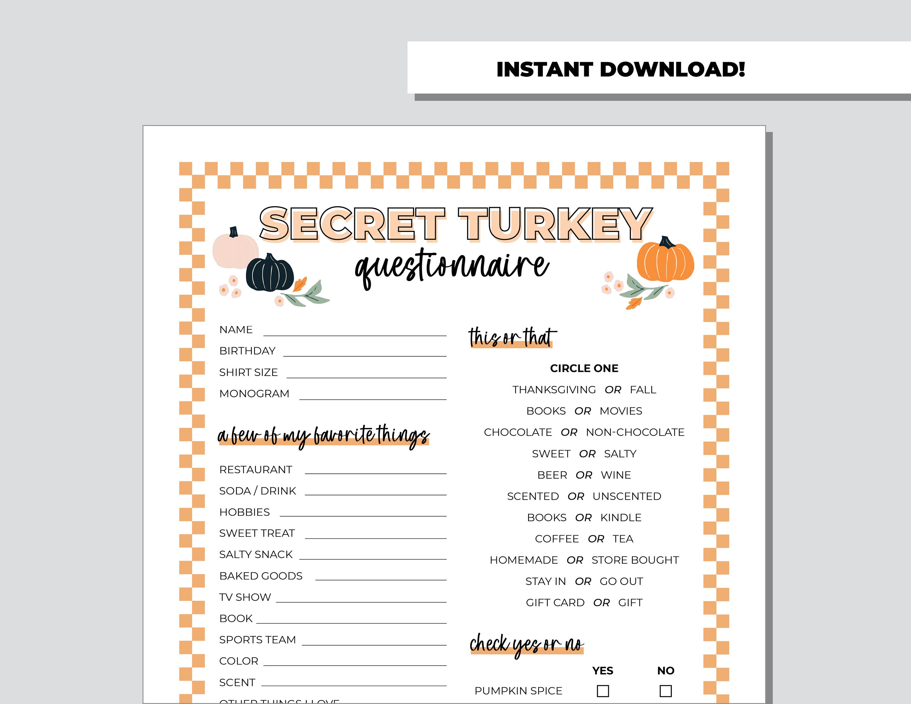 Thanksgiving Secret Turkey Questionnaire, Fall Gift Exchange Survey and ...