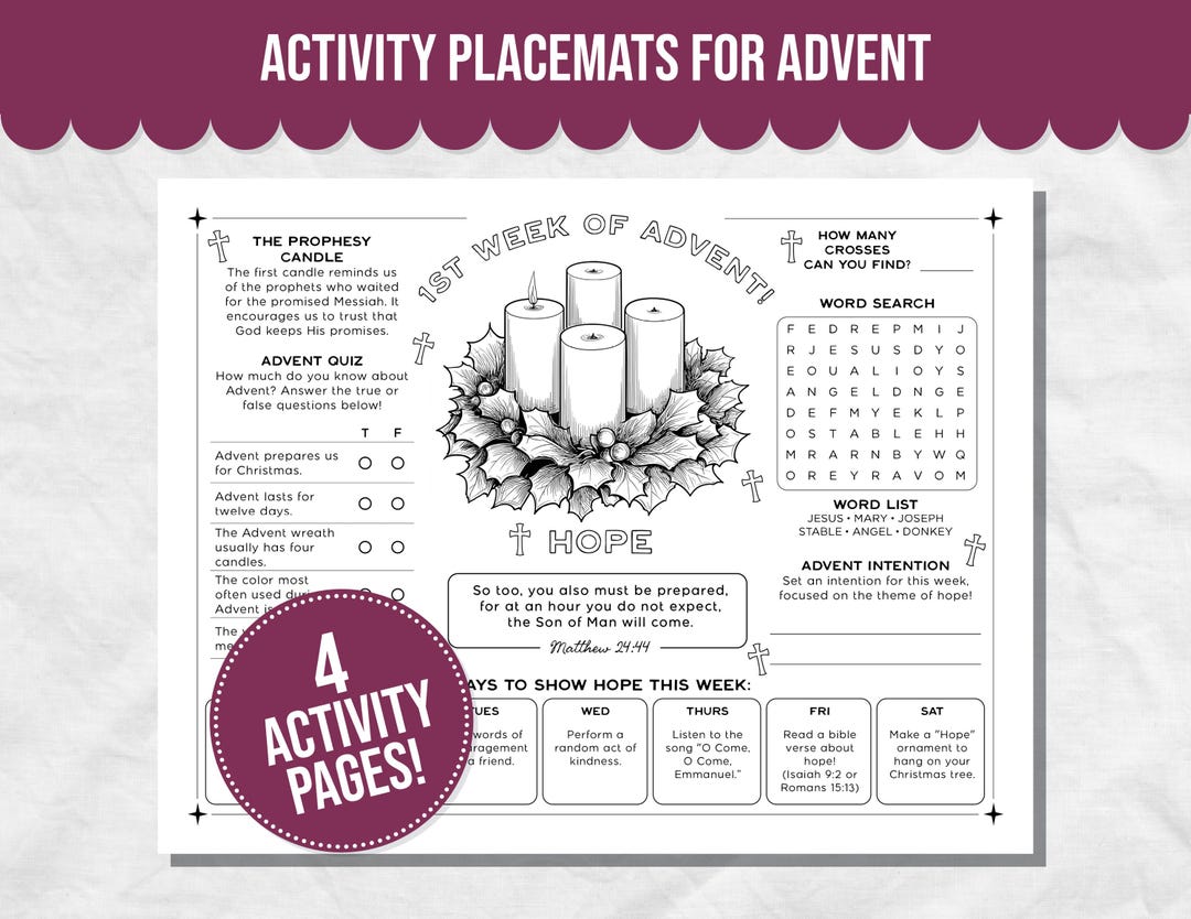 Advent Coloring Page Placemat Activity for Kids Christian Christmas ...