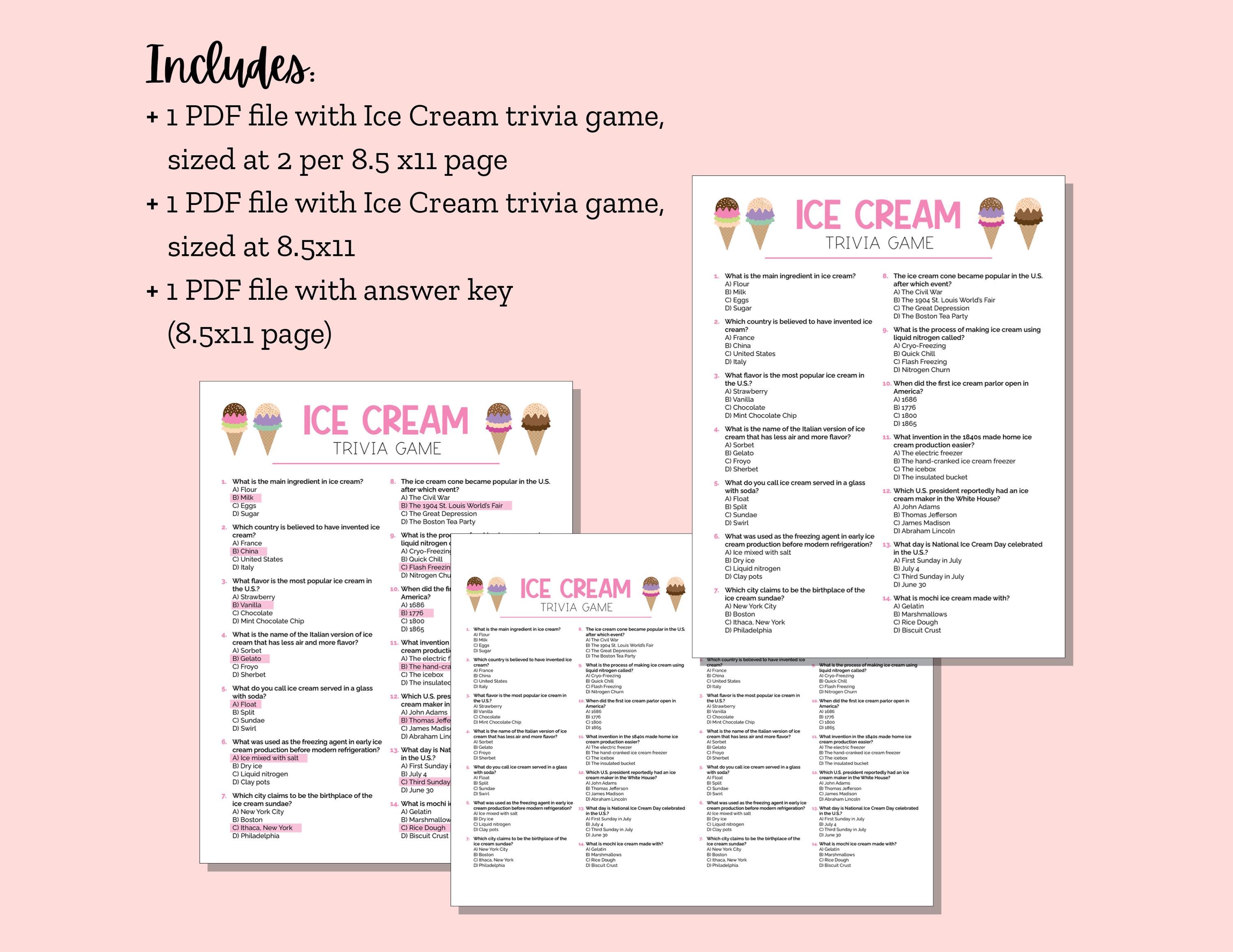 Ice Cream Trivia Game for Summer Party, Fun Trivia Game for Family Game ...