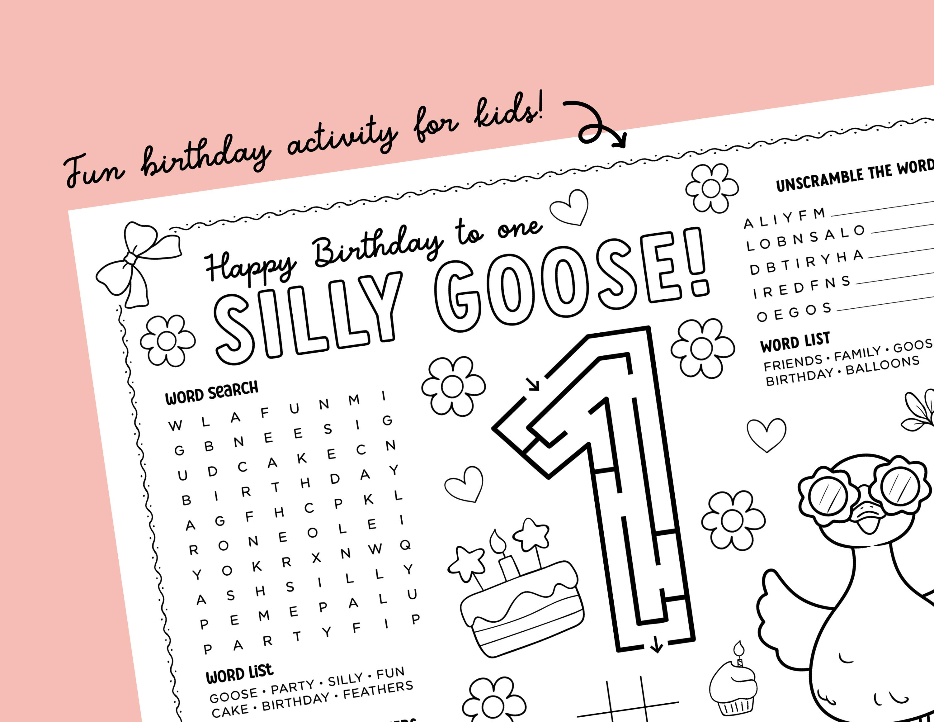 Silly Goose Placemat Activity, Girl Goose Birthday Activity Sheet, ONE ...
