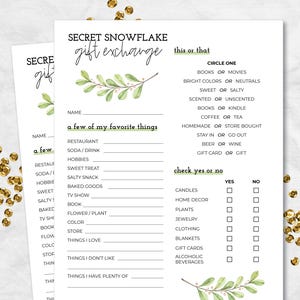 Secret Snowflake Questionnaire, Gift Exchange Survey, Favorite Things ...