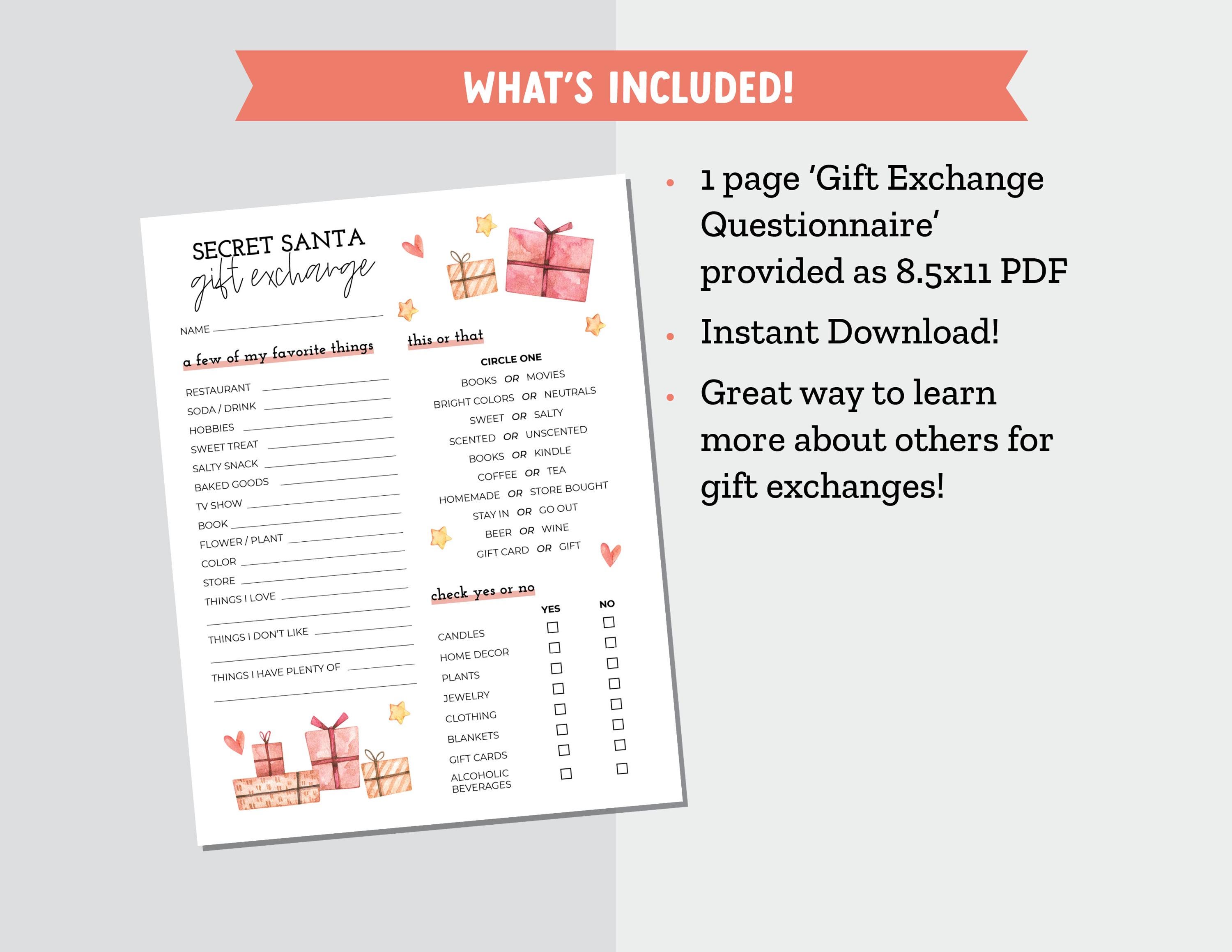 Secret Santa Questionnaire, Gift Exchange Survey and Favorite Things ...