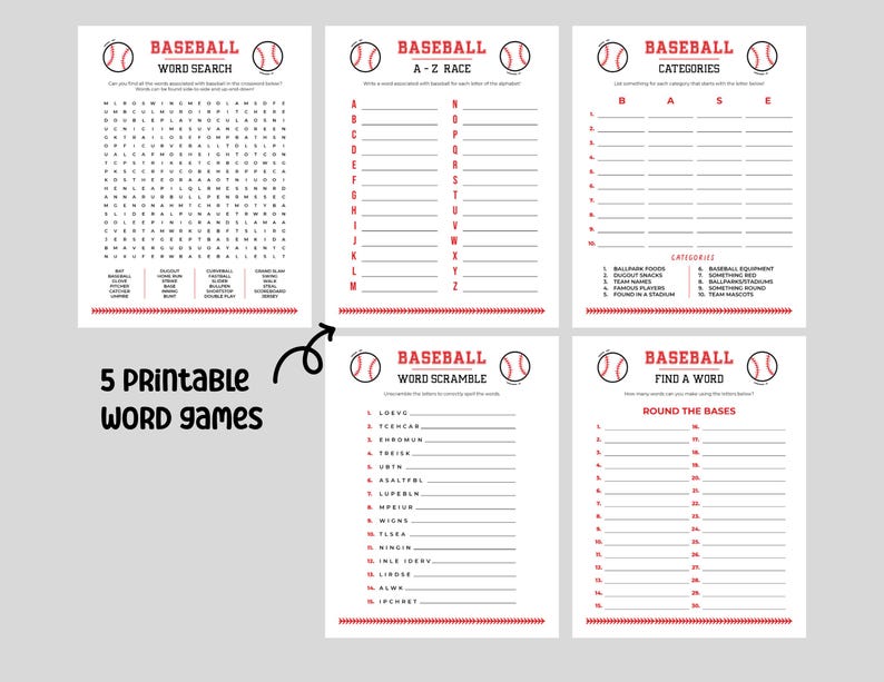 Baseball Word Search, Baseball Word Games for Kids, Baseball Party ...