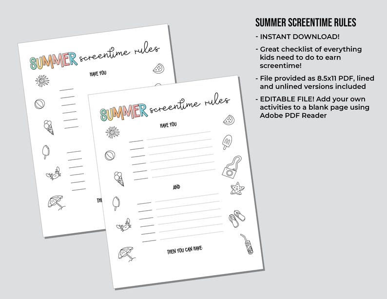 EDITABLE Summer Screentime Checklist for Kids, Ideas to Keep Kids off ...