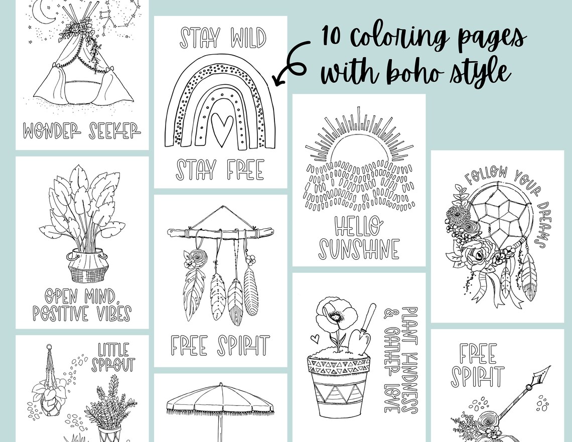 Boho Coloring Pages Digital Coloring Book Rainbow Coloring | Etsy