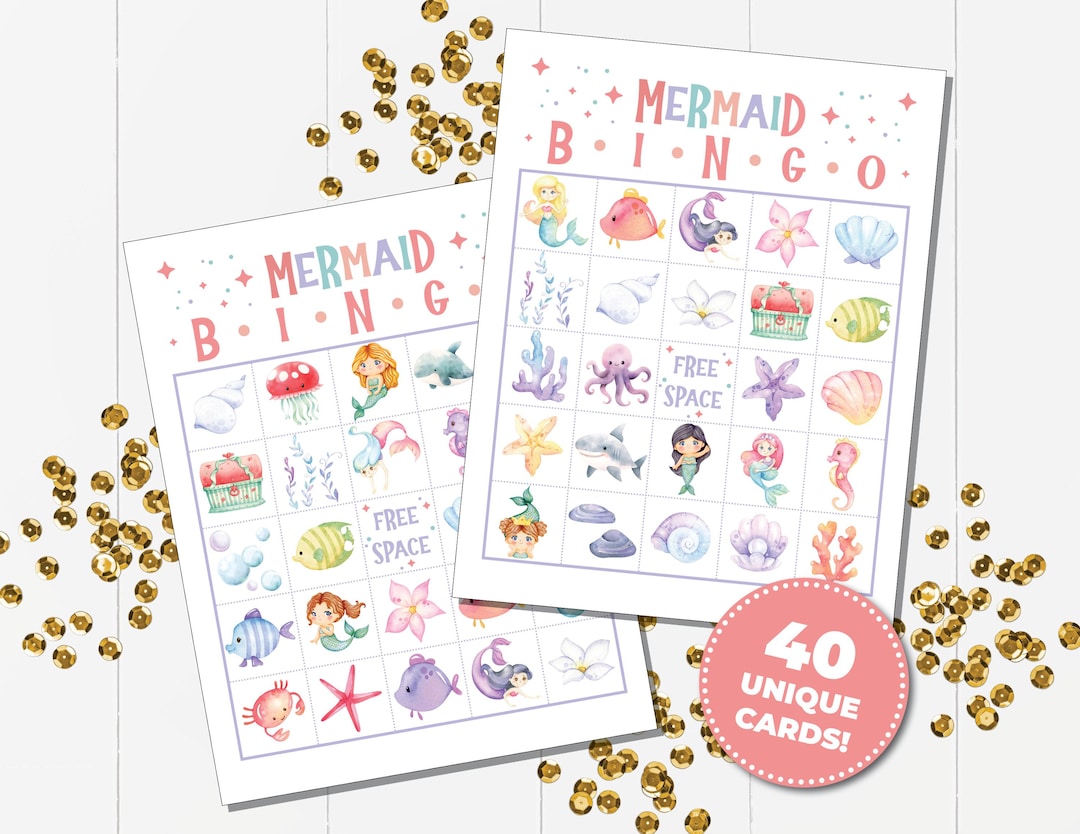 Mermaid Bingo Cards for Under the Sea Party, Printable Mermaid Games ...
