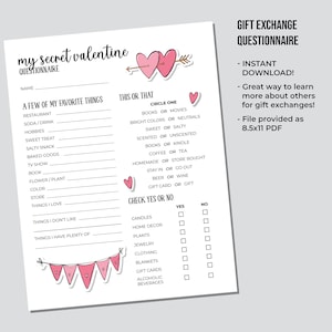 My Secret Valentine Gift Exchange Questionnaire, Gift Exchange Survey ...