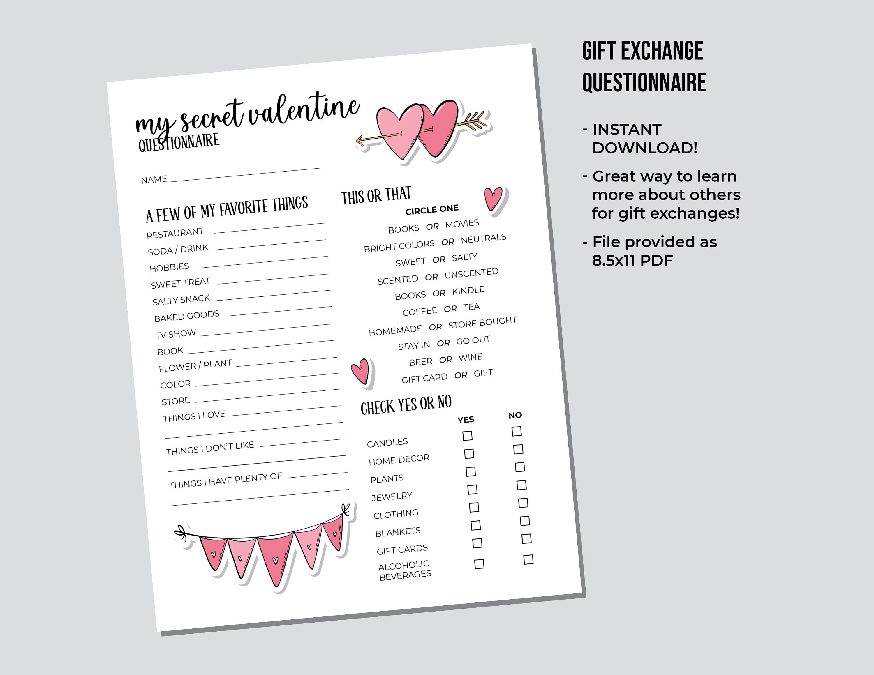 My Secret Valentine Gift Exchange Questionnaire, Gift Exchange Survey ...