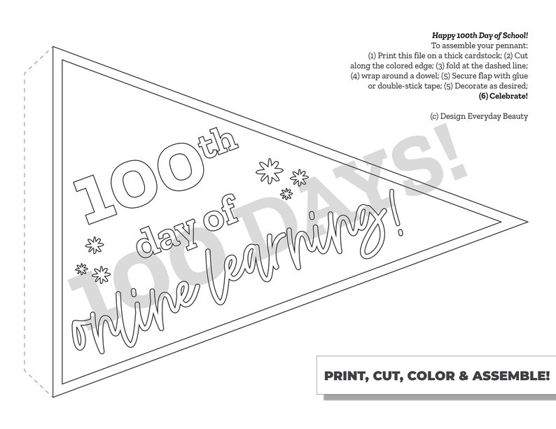 100th Day of School Pennant Flag Coloring Page Activity - Etsy