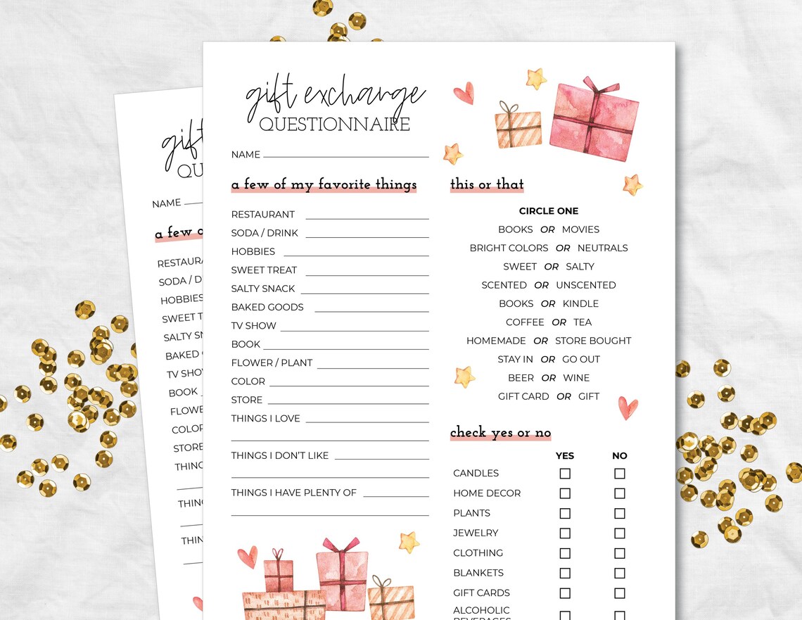 Gift Exchange Questionnaire, Gift Exchange Survey and Favorite Things ...
