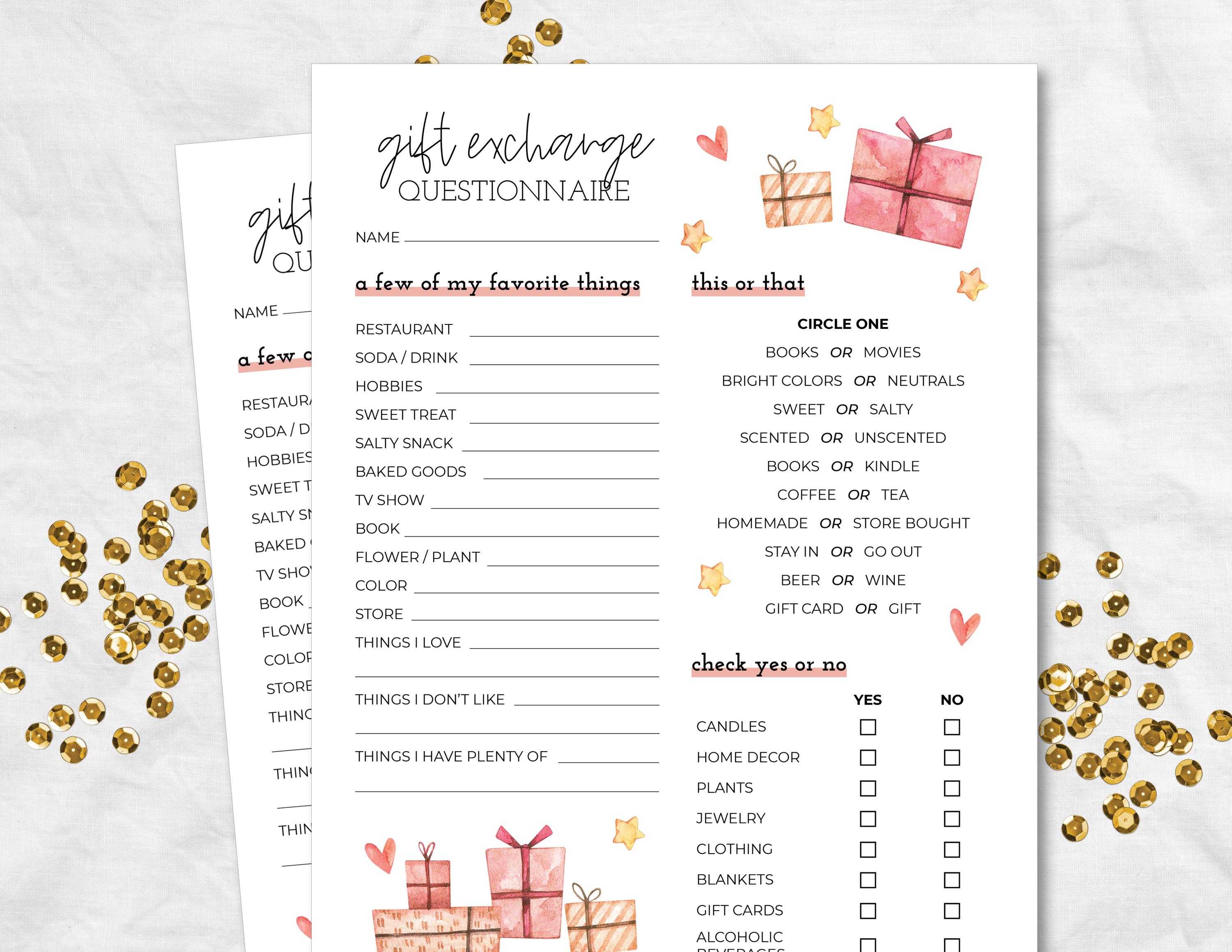 Gift Exchange Questionnaire, Gift Exchange Survey and Favorite Things ...