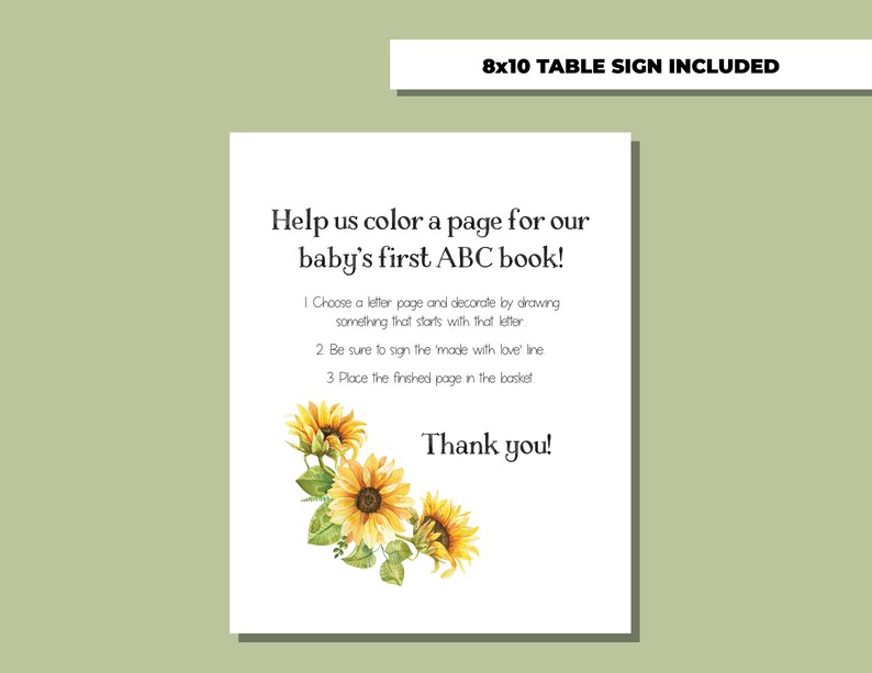Sunflower Baby Shower ABC Book Activity, First Alphabet Book for Baby ...