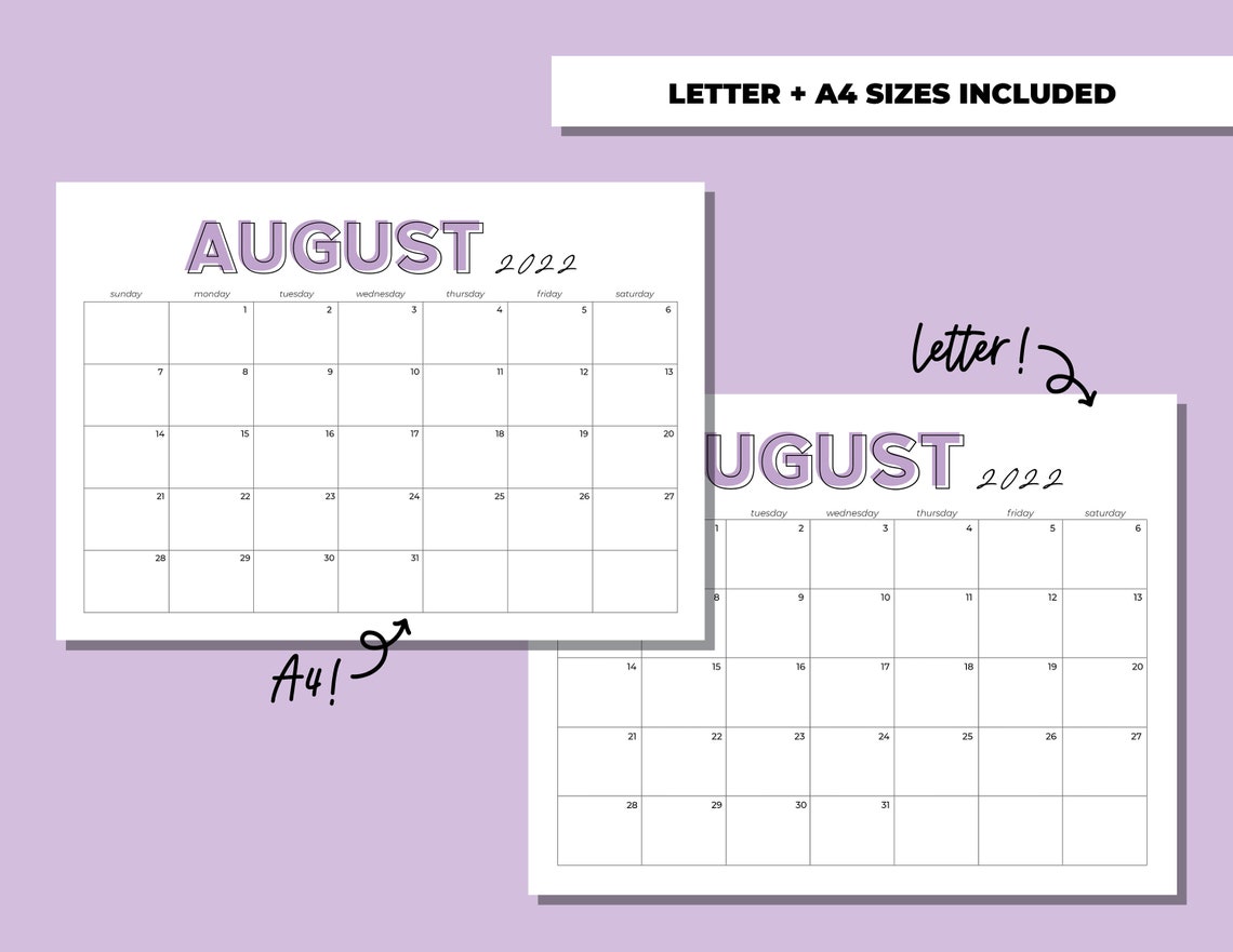 August 2023 Monthly Calendar With Lavender Colorblock Design - Etsy