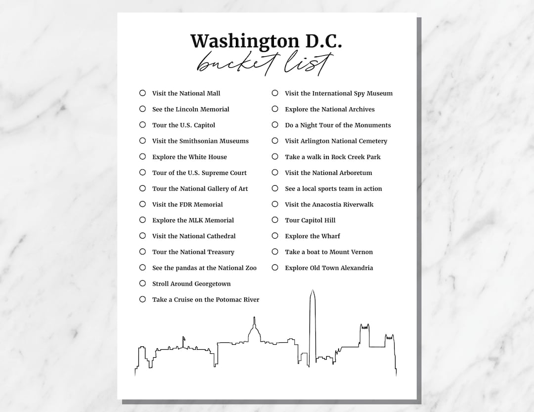 Washington DC Bucket List Printable With Washington DC Travel Ideas ...