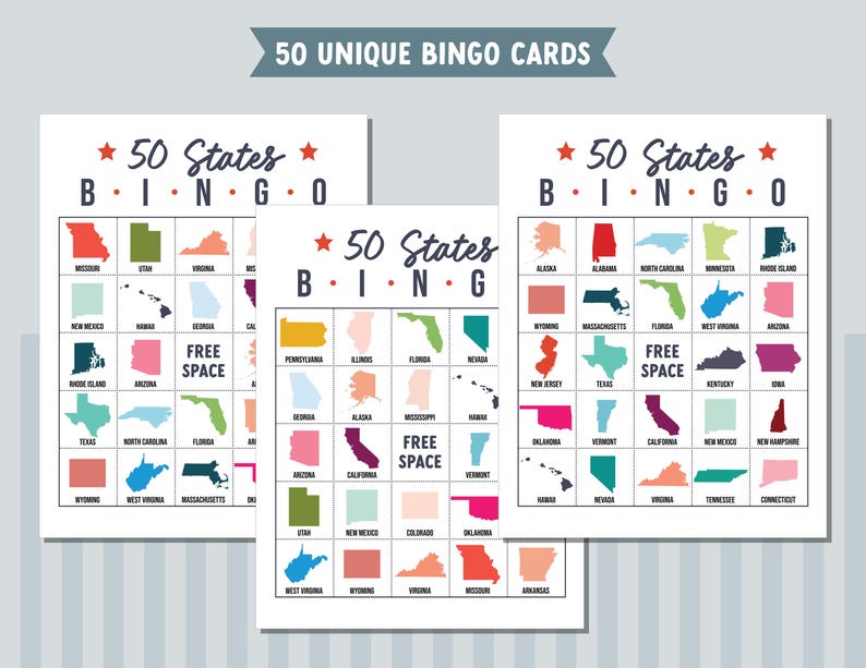 50 States Bingo Game With 50 Unique Bingo Cards, Fun Geography Bingo ...