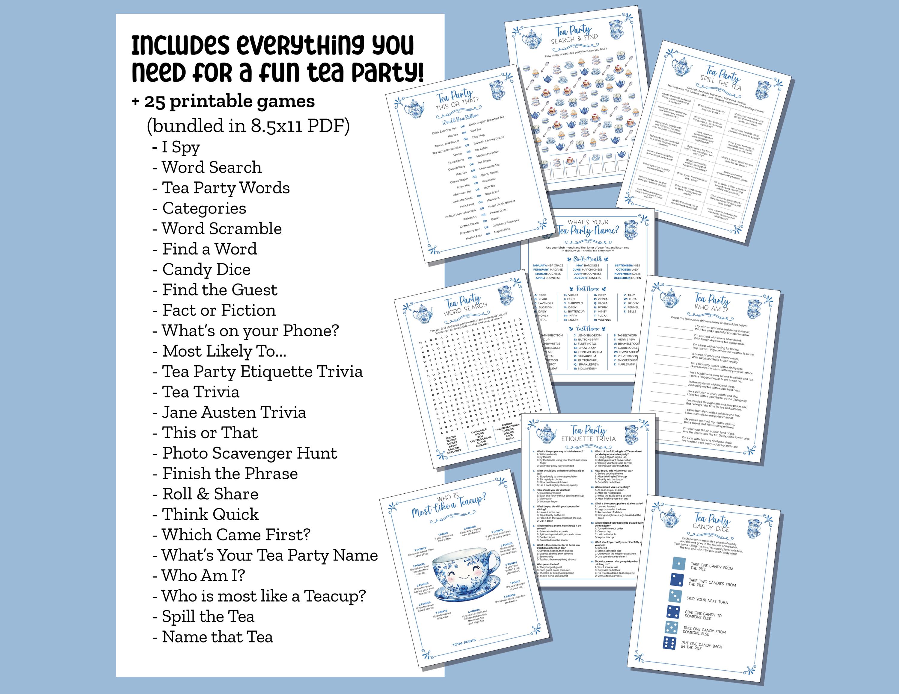 Blue Toile Tea Party Game Bundle With Tea Party Game Ideas, Birthday ...