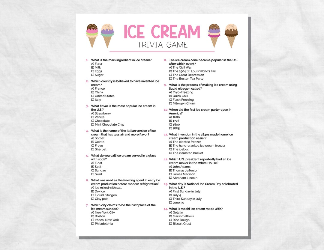 Ice Cream Trivia Game for Summer Party, Fun Trivia Game for Family Game ...