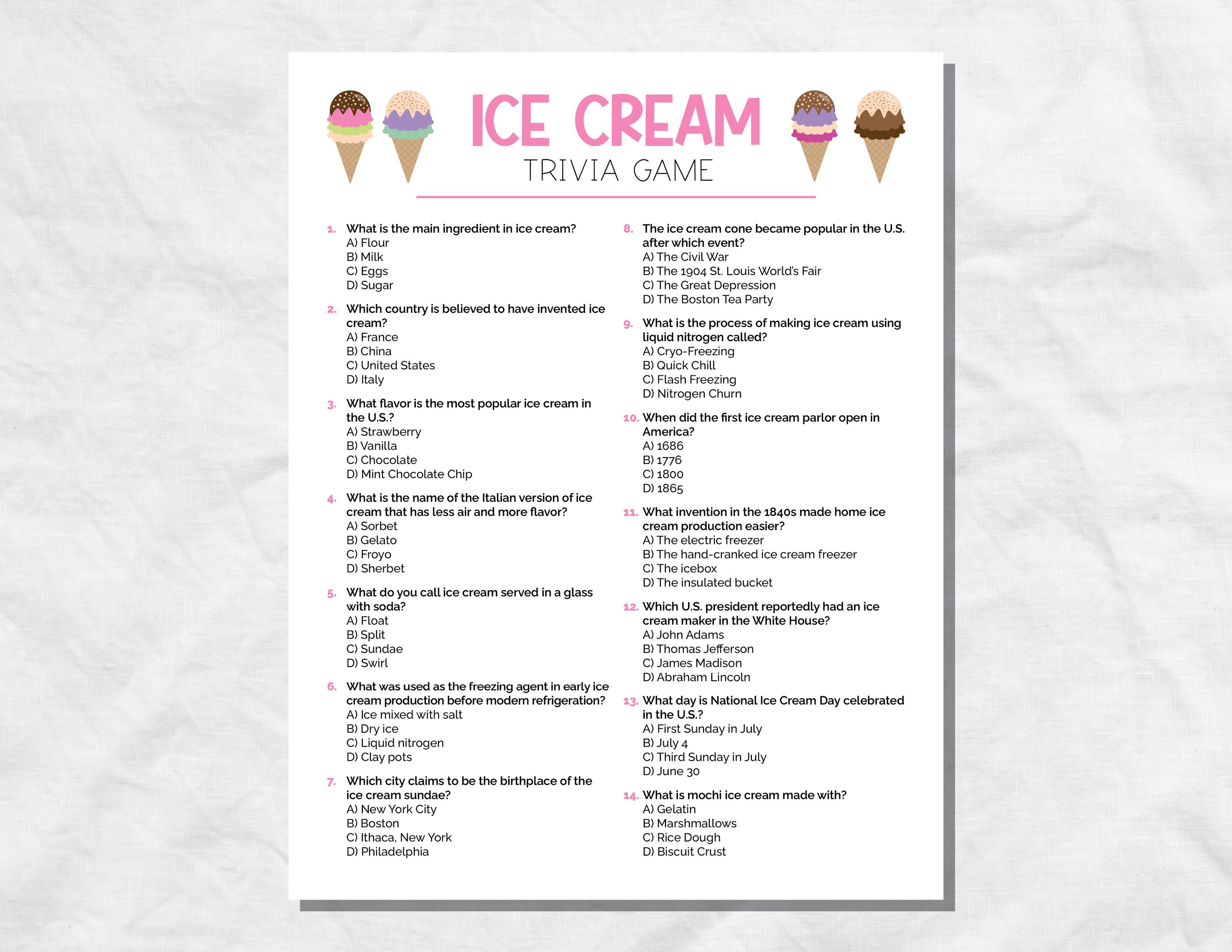 Ice Cream Trivia Game for Summer Party, Fun Trivia Game for Family Game ...