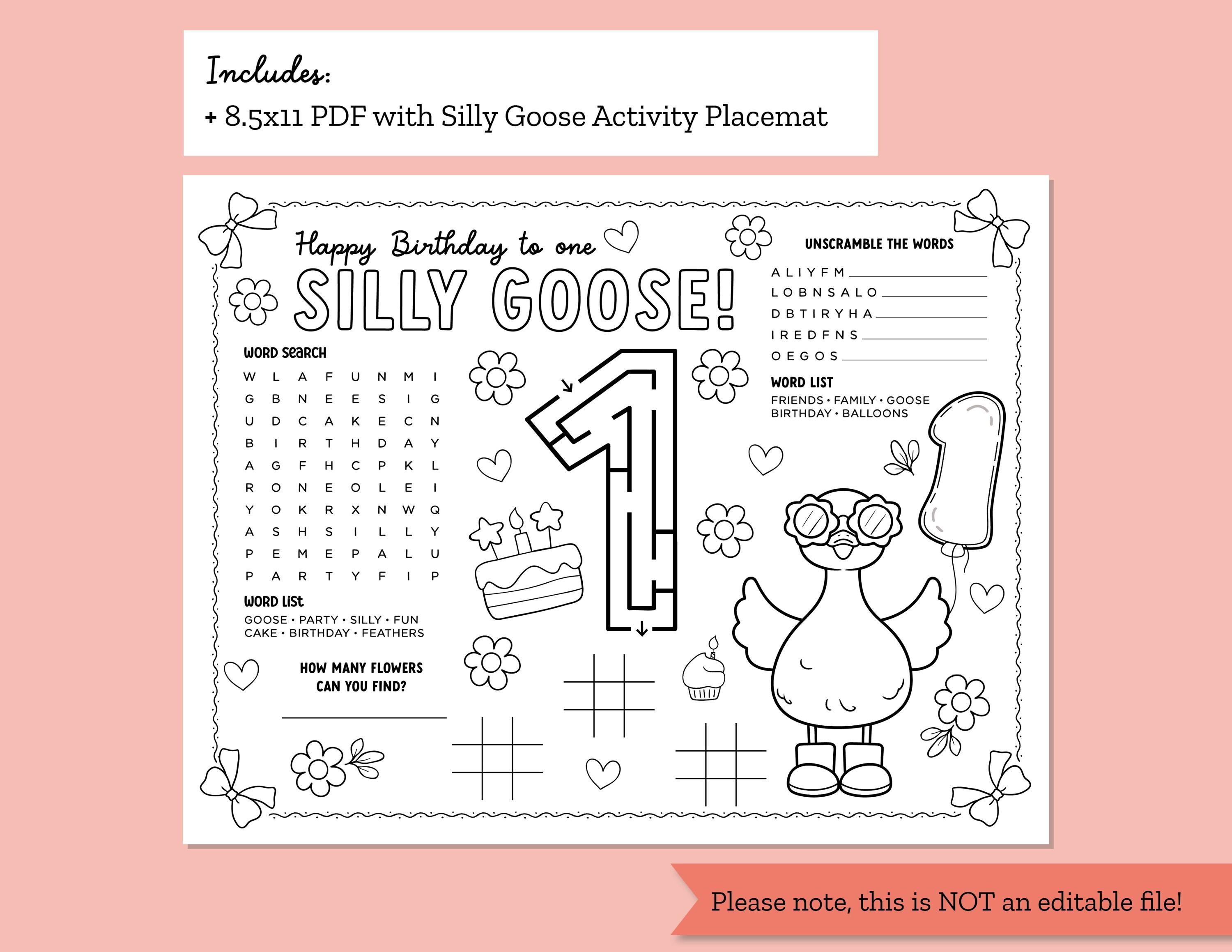 Silly Goose Placemat Activity, Girl Goose Birthday Activity Sheet, ONE ...
