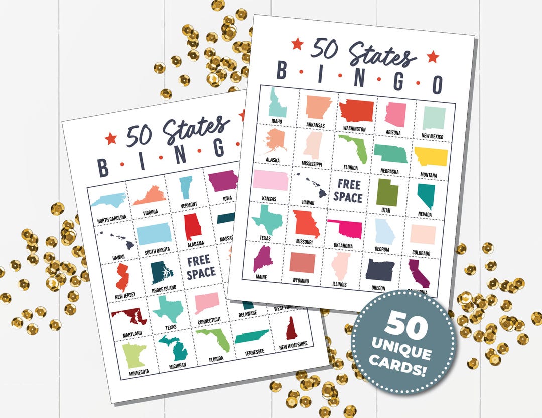50 States Bingo Game With 50 Unique Bingo Cards, Fun Geography Bingo ...