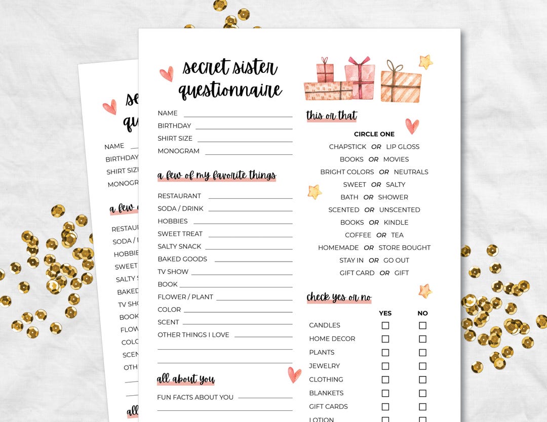 Christmas Secret Sister Questionnaire, Gift Exchange Survey and ...