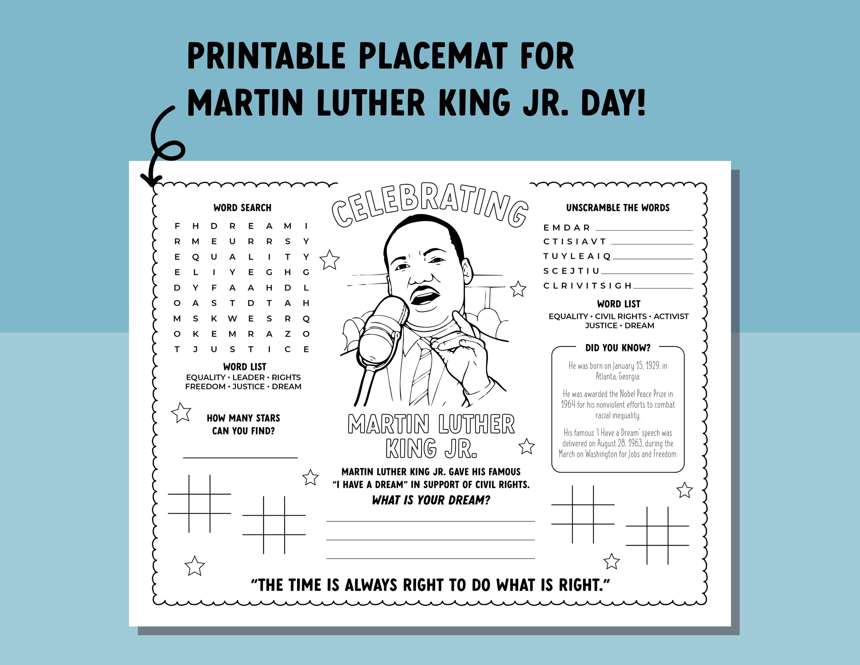 MLK Day Coloring Activity Placemat, Martin Luther King Jr Day Activity ...